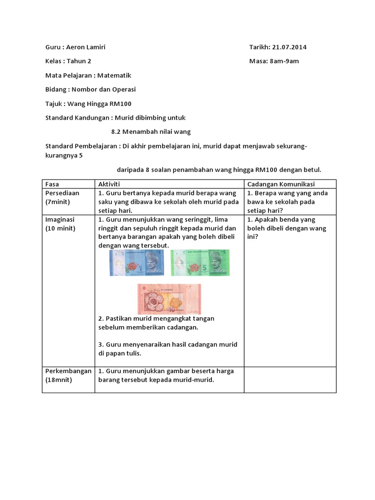 RPH PEnambahan Wang Tahun 2 | PDF