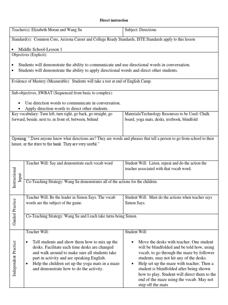 Directional Words Lesson Plan | PDF | Semiotics | Communication