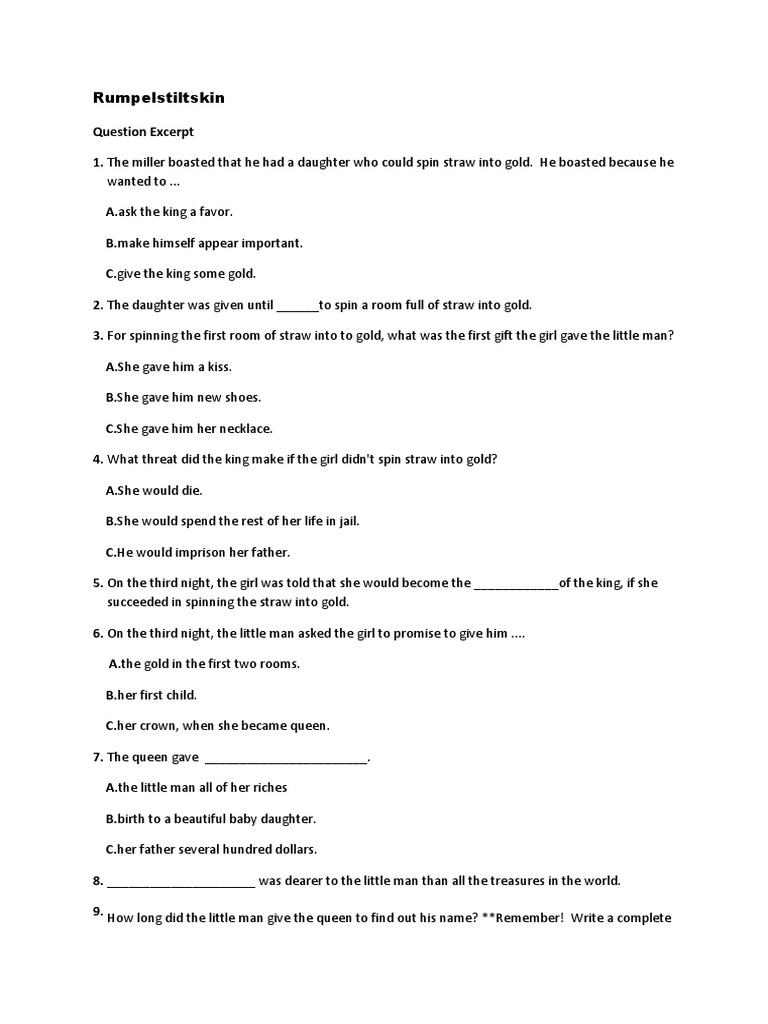 Rumpelstiltskin Quiz Questions | PDF | Mystery, Thriller & Crime Fiction