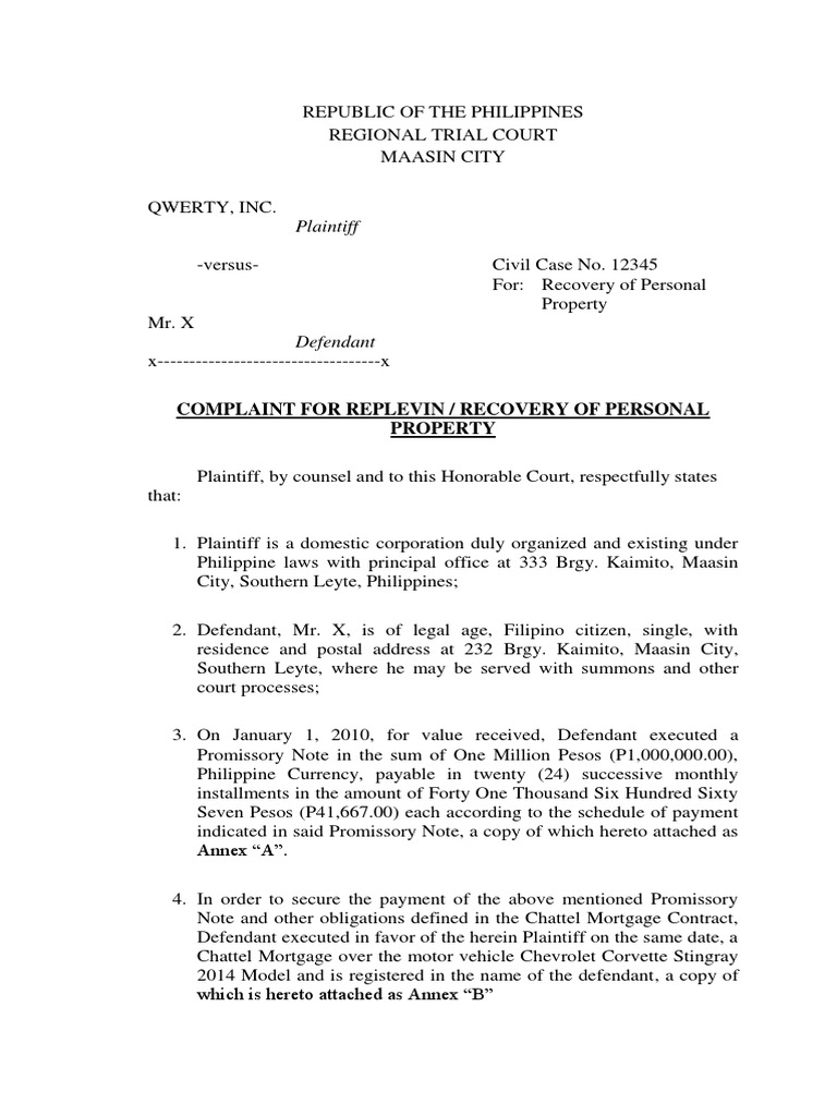 Complaint for Replevin in Car Loan Case | PDF | Foreclosure ...