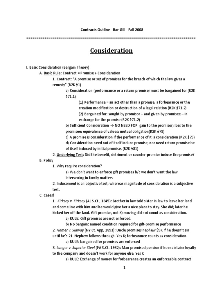 Contract Law Outline Pdf Offer And Acceptance Consideration