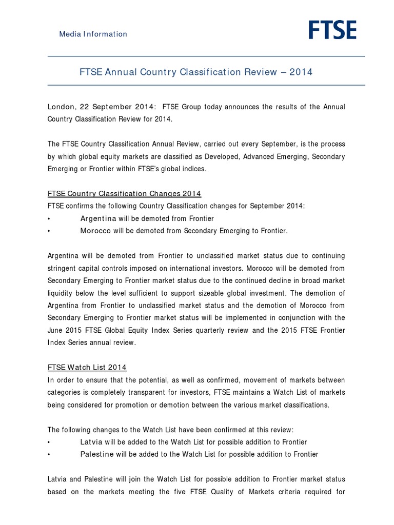 FTSE Annual Country Classification PDF | PDF | Stock Market Index ...