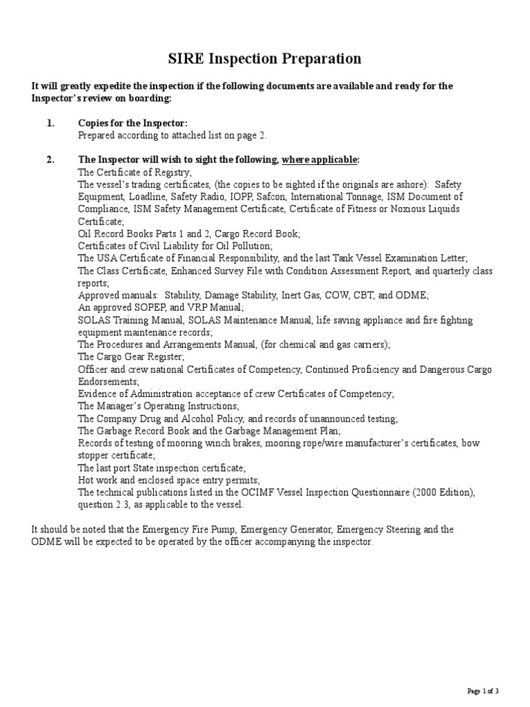 SIRE Inspection Preparation Document | PDF | Watercraft | Ships