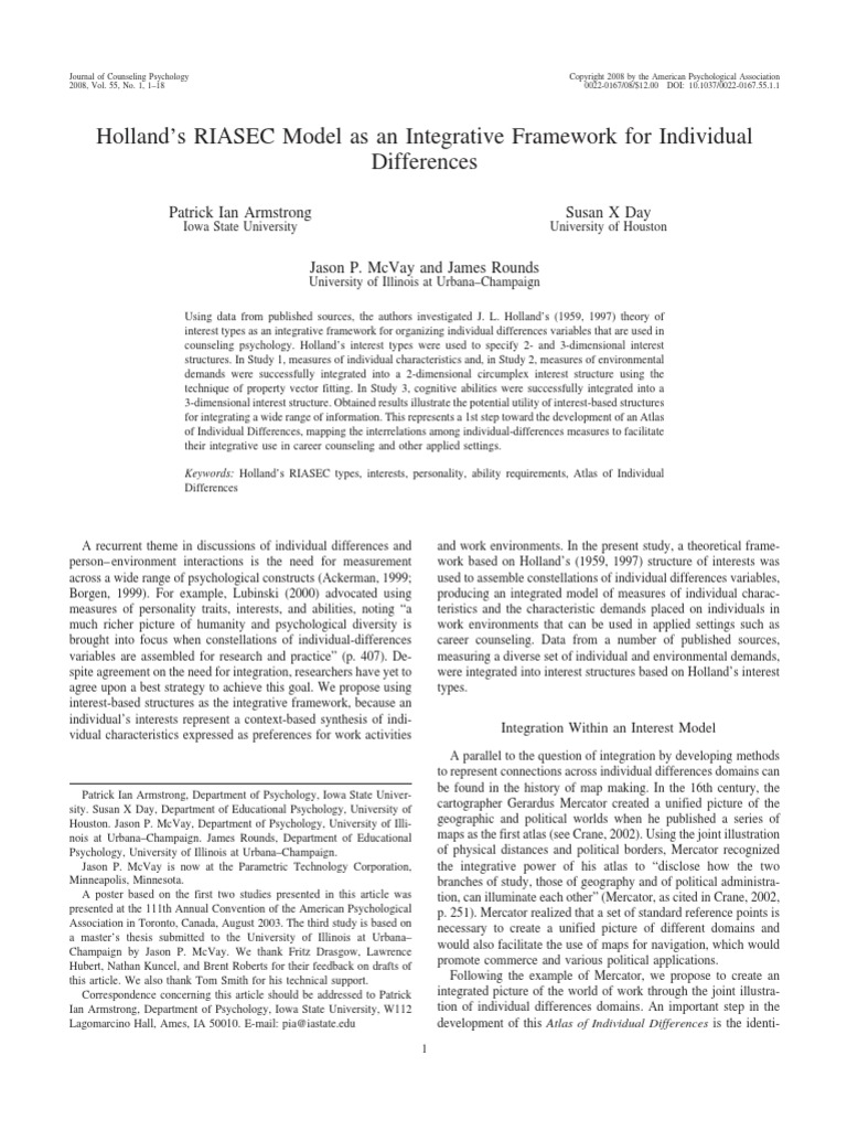 Holland's RIASEC Model As An Integrative Framework For Individual | PDF ...