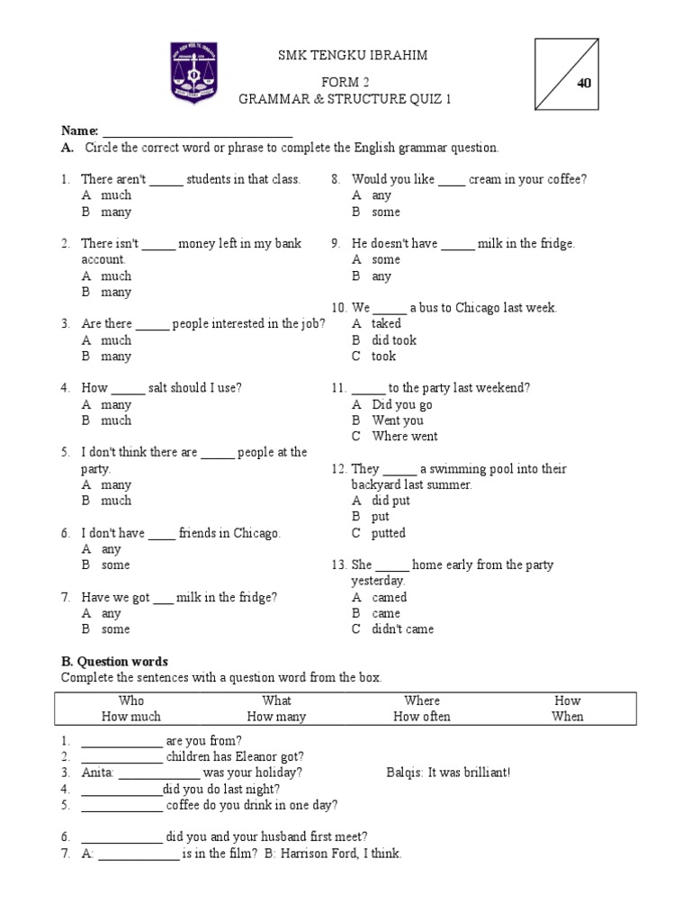 Grammar Quiz 1 | PDF