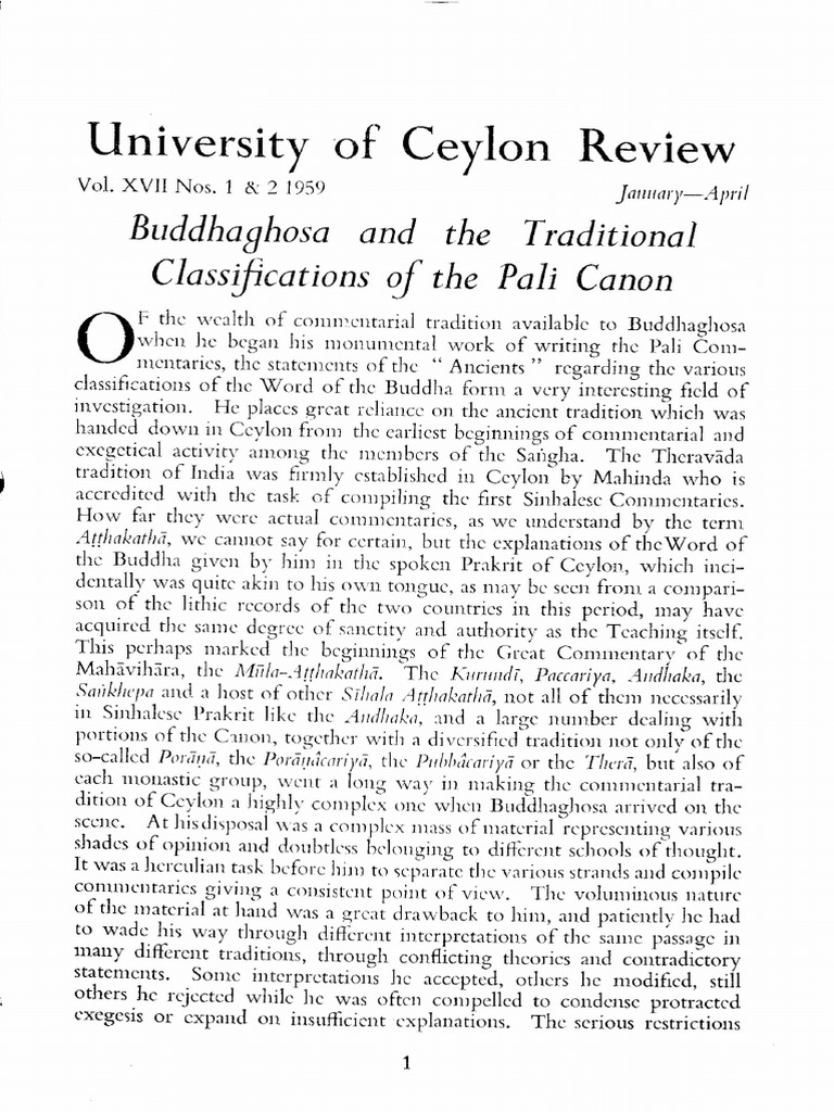 N.A. Jayawickrama, Buddhaghosa and The Traditional Classifications of ...