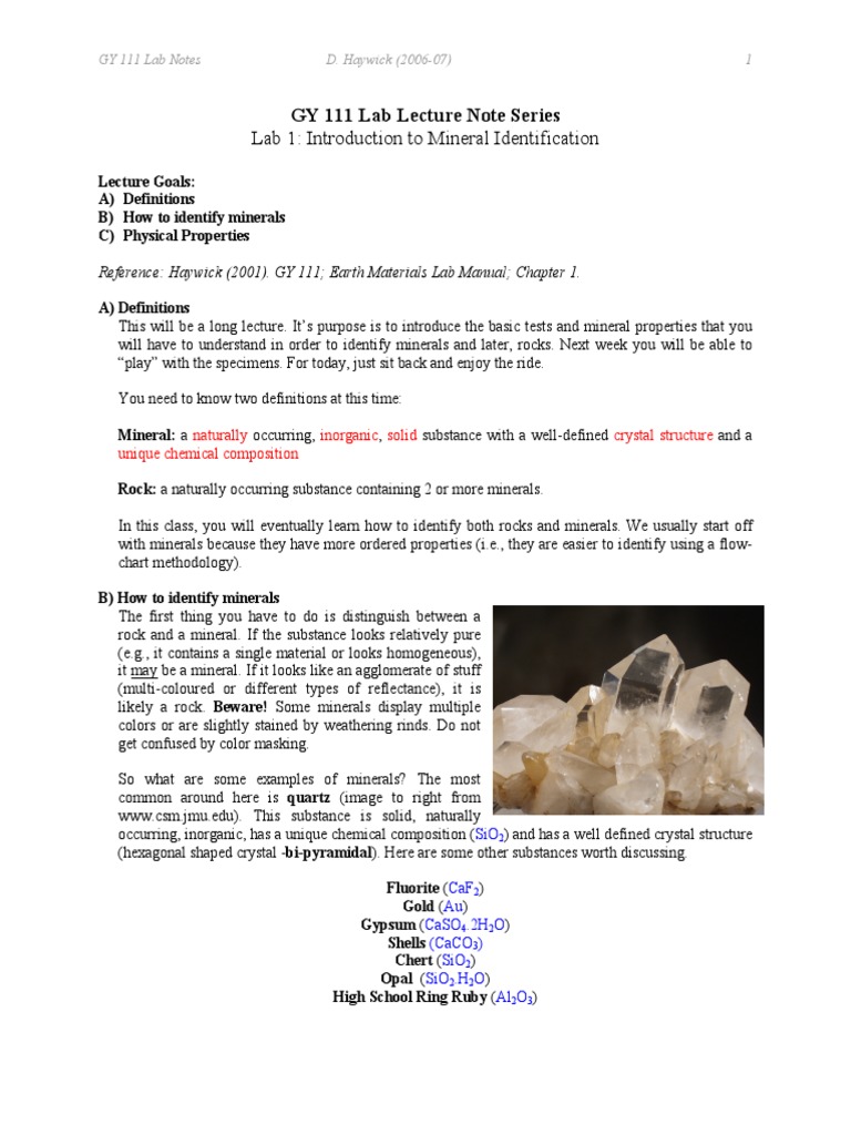 Lab 1: Introduction To Mineral Identification: GY 111 Lab Lecture Note ...