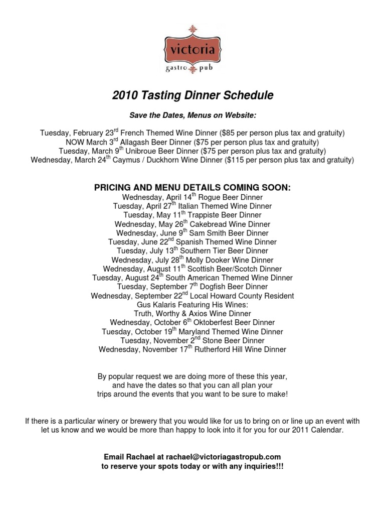 2010 Wine and Beer Dinner Schedule | PDF