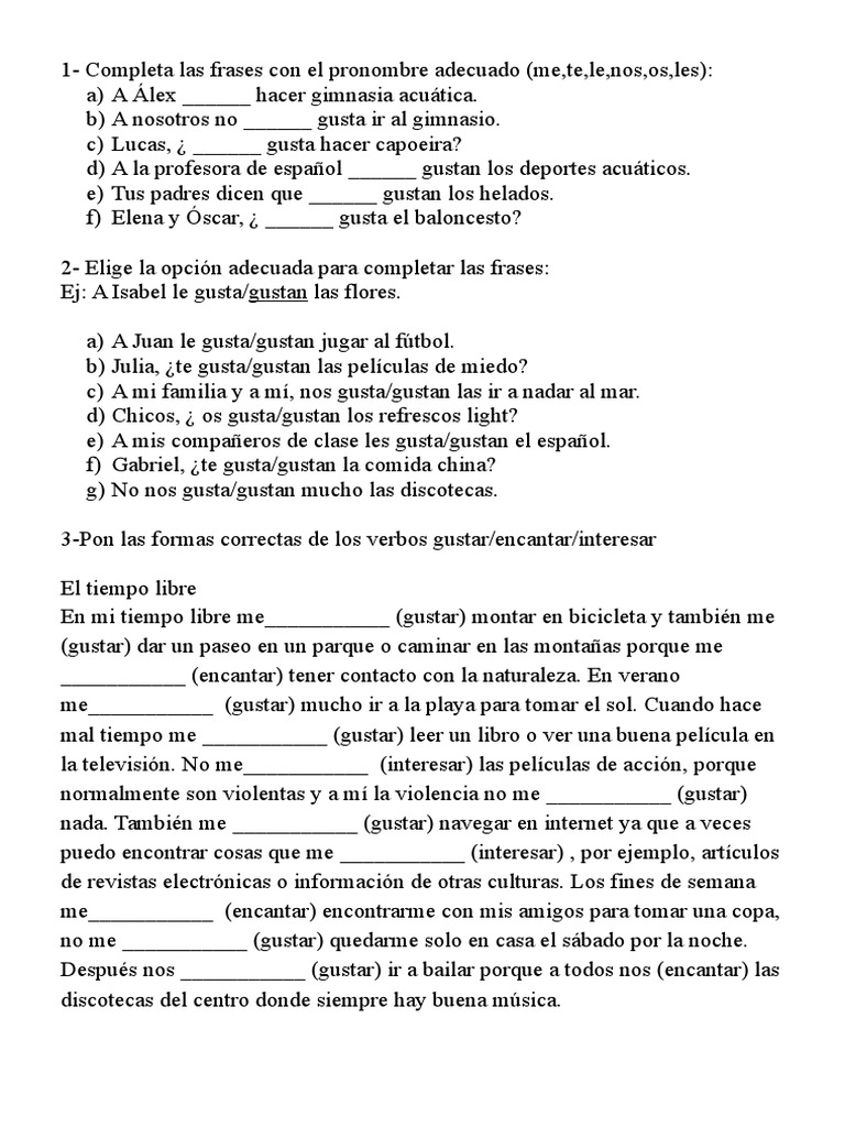 Ejercicios de Pronombres y Verbos Gustar en Español | PDF