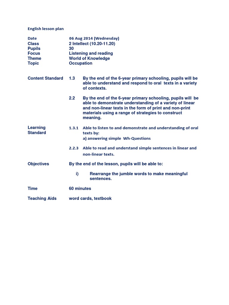 English Lesson Plan | PDF