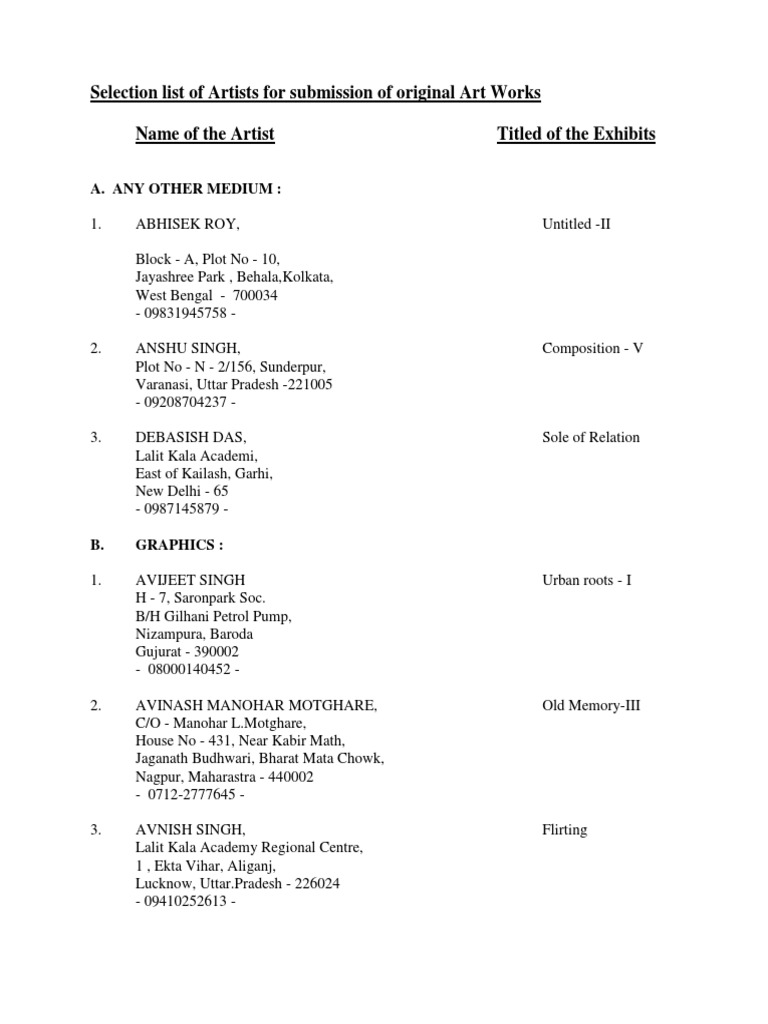 Artist List at Delhi | PDF