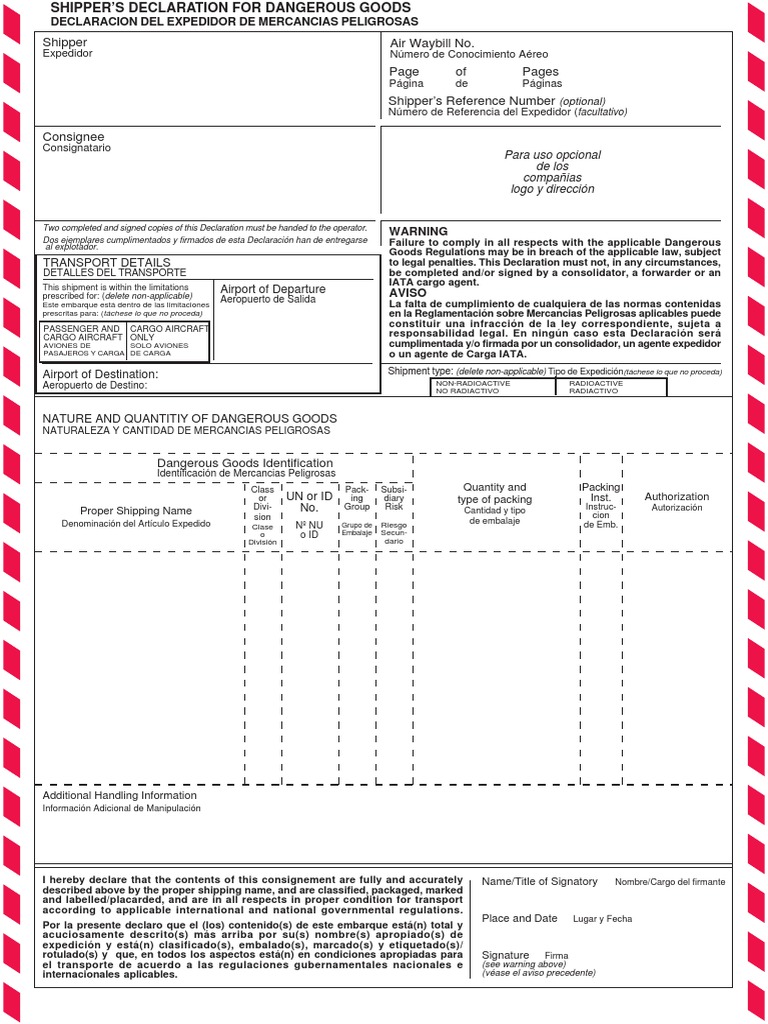 Espécimen de la Declaración del Expedidor para emisión manual ...