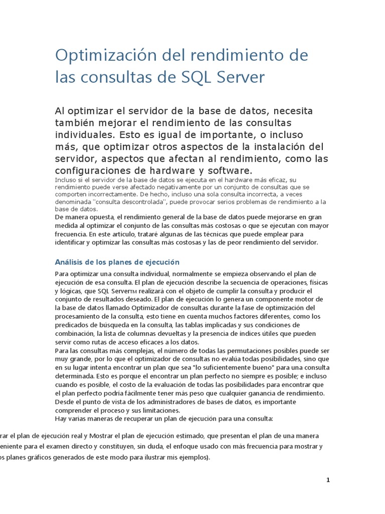 Optimización Del Rendimiento de Las Consultas de SQL Server | PDF ... Optimización Del Rendimiento de Las Consultas de SQL Server | PDF ...