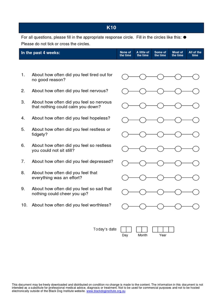 K10 Psychological Distress Scale | PDF