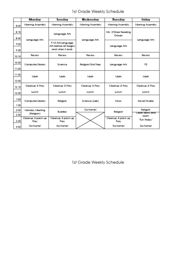 1st Grade Weekly Class Schedule | PDF