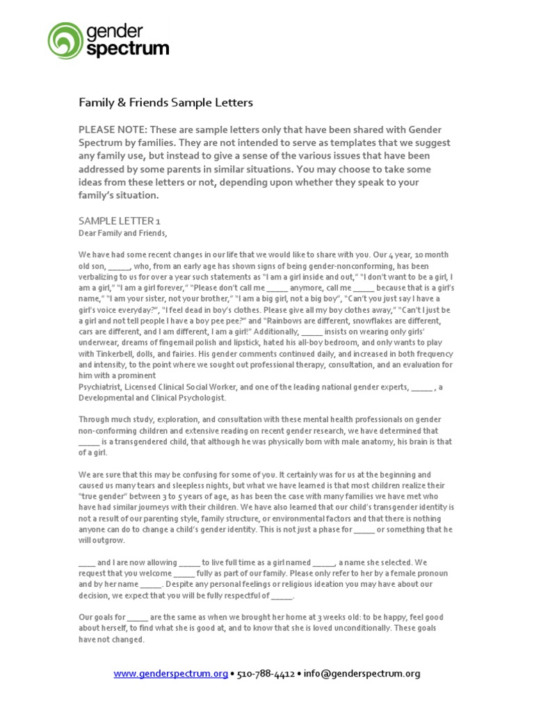 Gender Spectrum - Family and Friends Sample Letters | PDF | Transgender ...