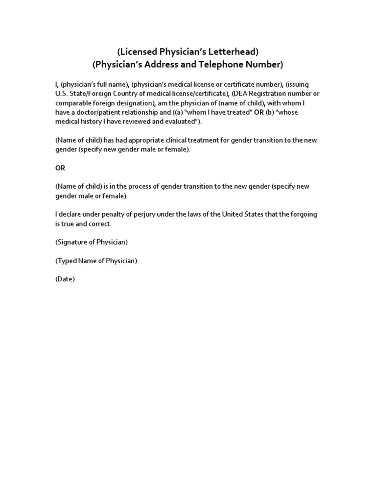 Model Doctors Letter For Gender Change | PDF