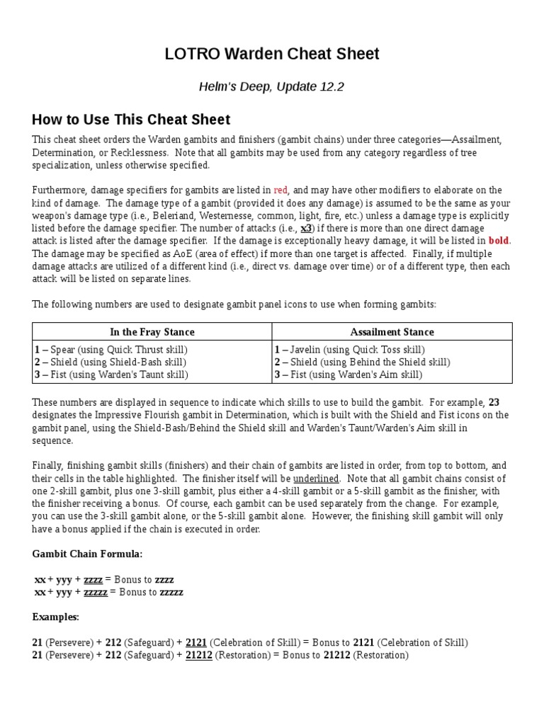 LOTRO Warden Gambit Cheat Sheet | PDF | Electronic Games | Leisure ...