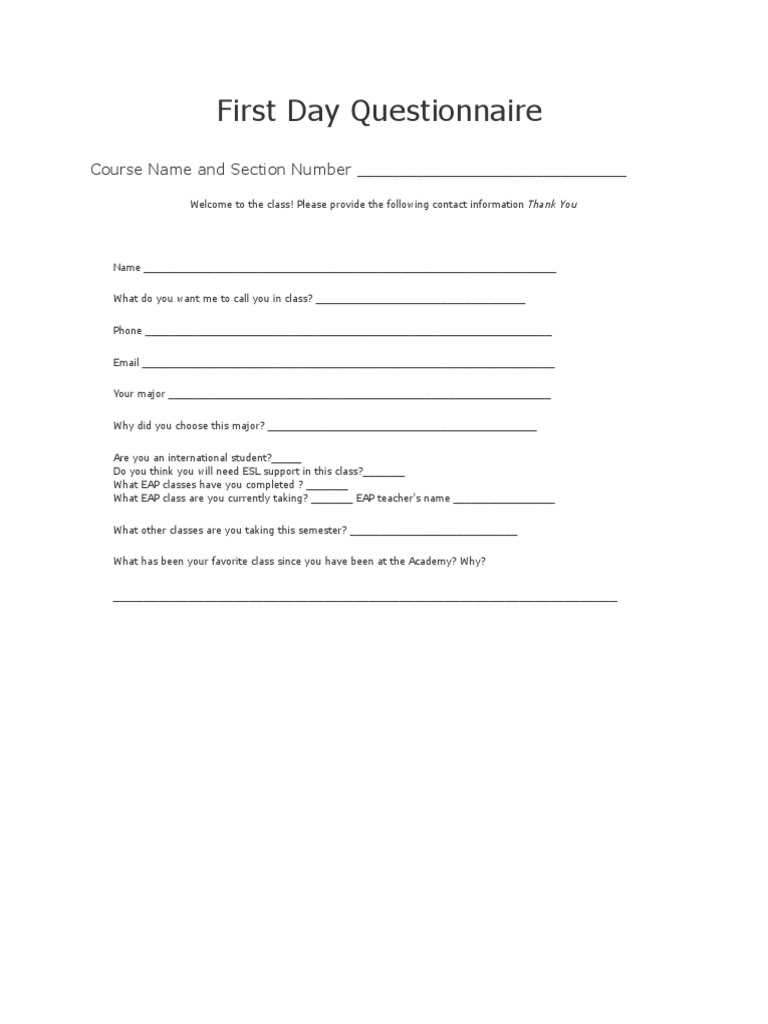 First Day Student Information Questionnaire | PDF