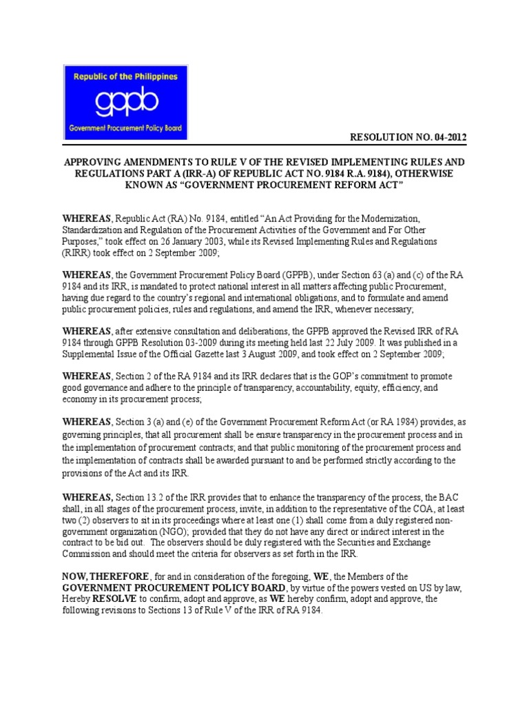 GPPB Resolution 04-2012 | PDF | Government Information | Government