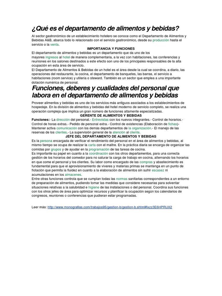 Qué Es El Departamento de Alimentos y Bebidas | Descargar gratis PDF ...