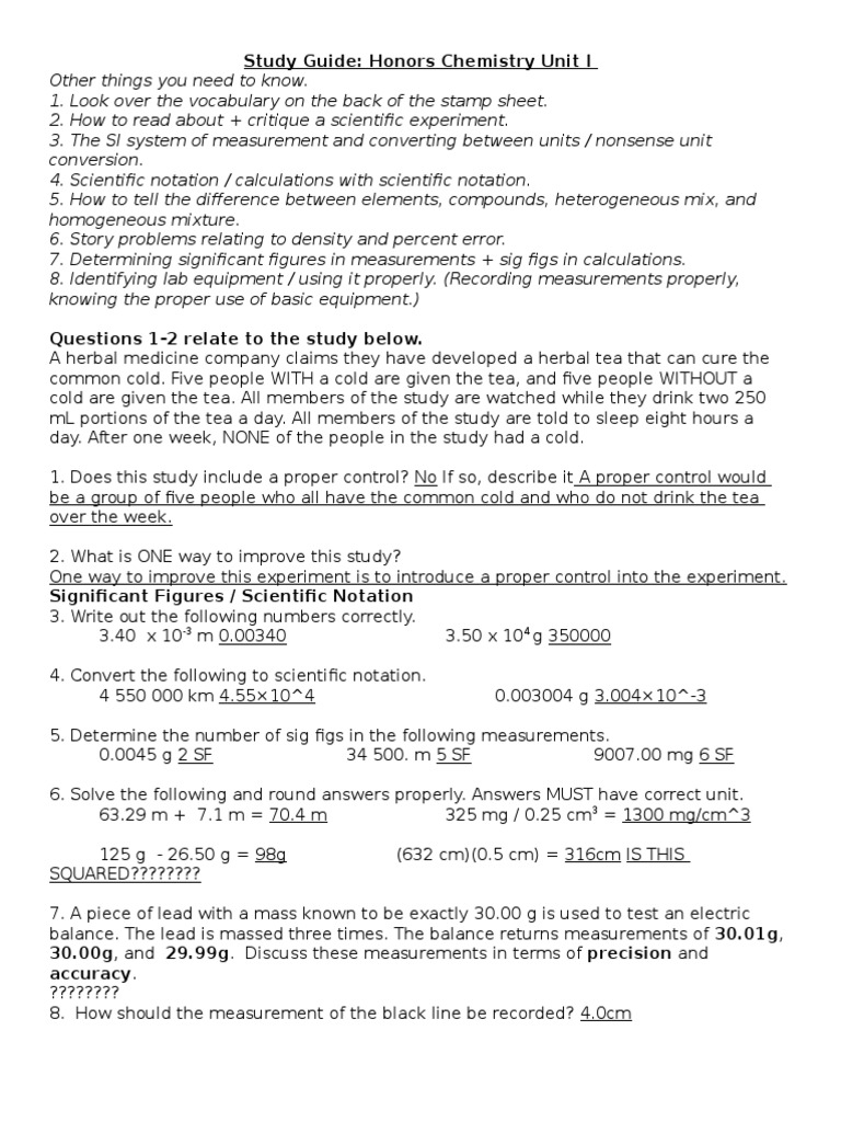 Study Guide: Honors Chemistry Unit I | Download Free PDF | Density ...