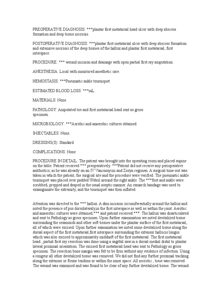 Op Note First Ray | PDF | Lower Limb Anatomy | Limbs (Anatomy)