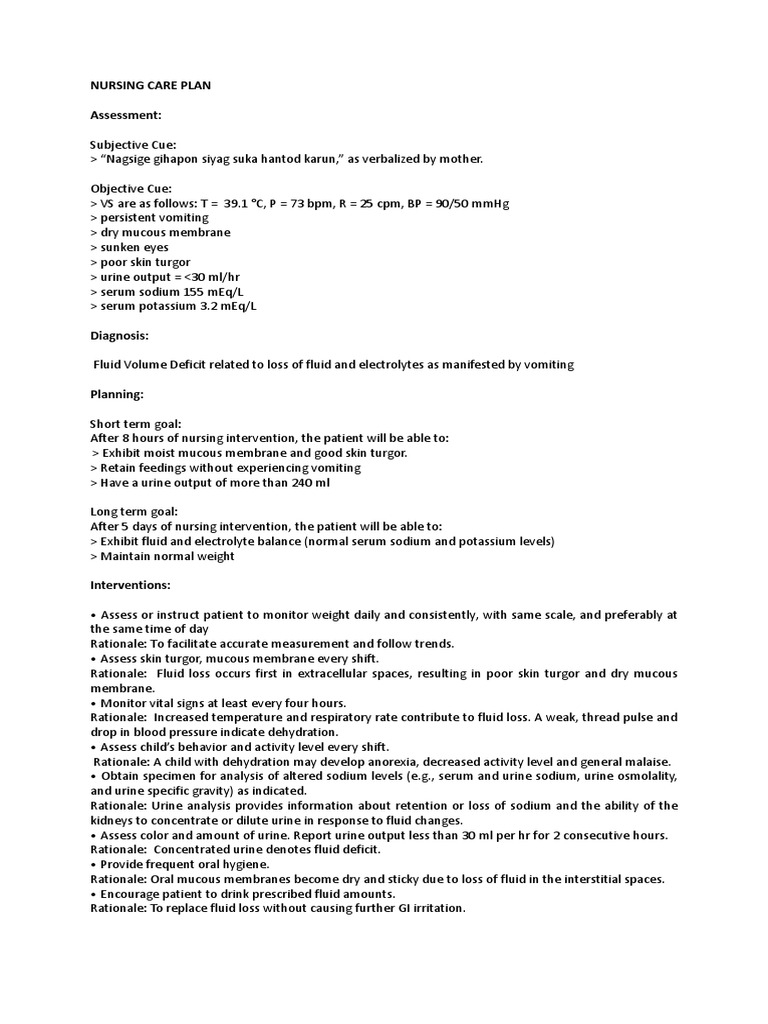 Nursing Care Plan Fluid Volume Deficit | PDF | Dehydration | Intravenous Therapy