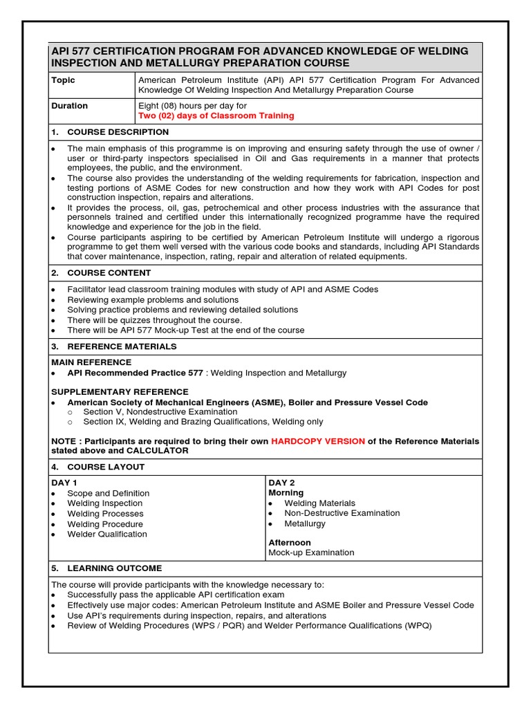 INSTECH API 577 Welding Inspection Metallurgy Course DESCRIPTION | PDF