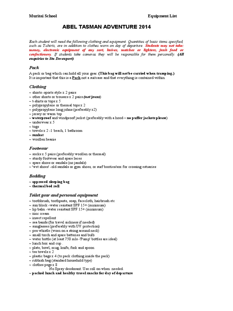 A.T Equipment List | PDF | Clothing | Softlines (Retail)