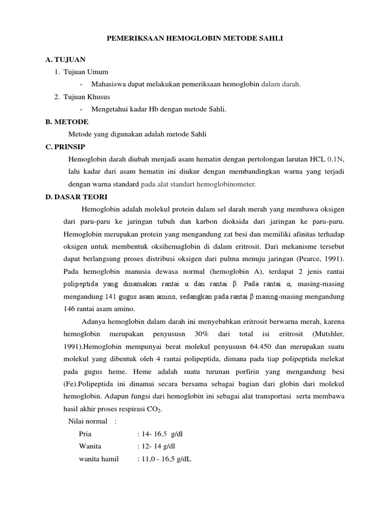 Pemeriksaan Hemoglobin Metode Sahli | PDF
