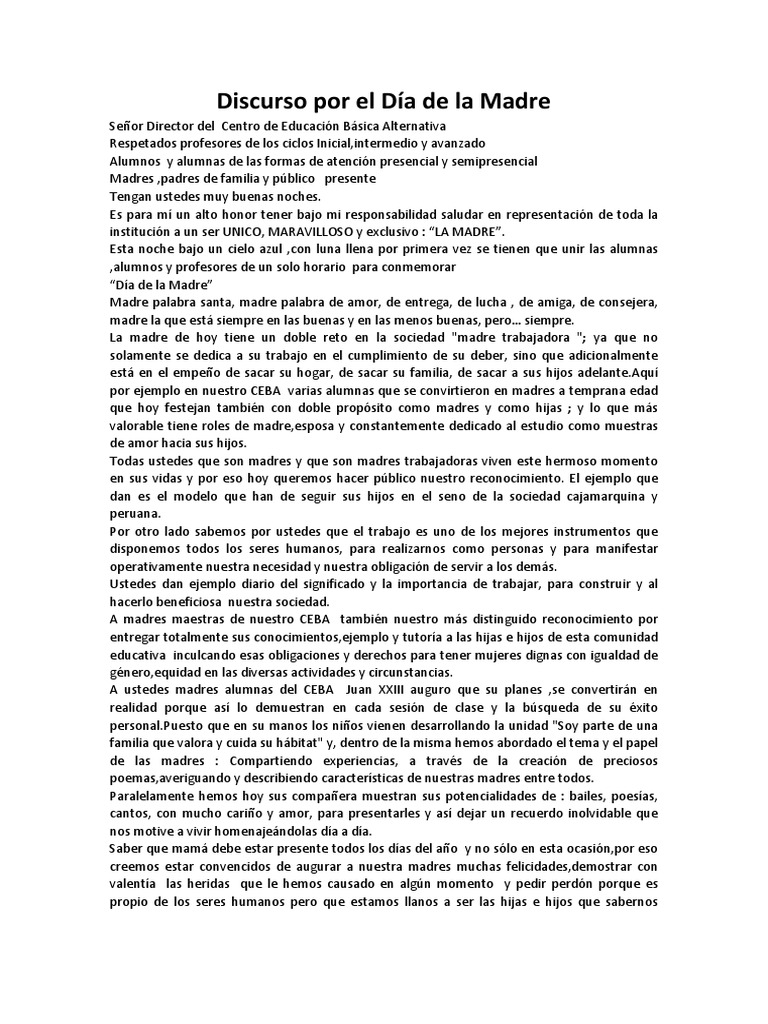 Discurso Por El Día de La Madre | Familia | Amor