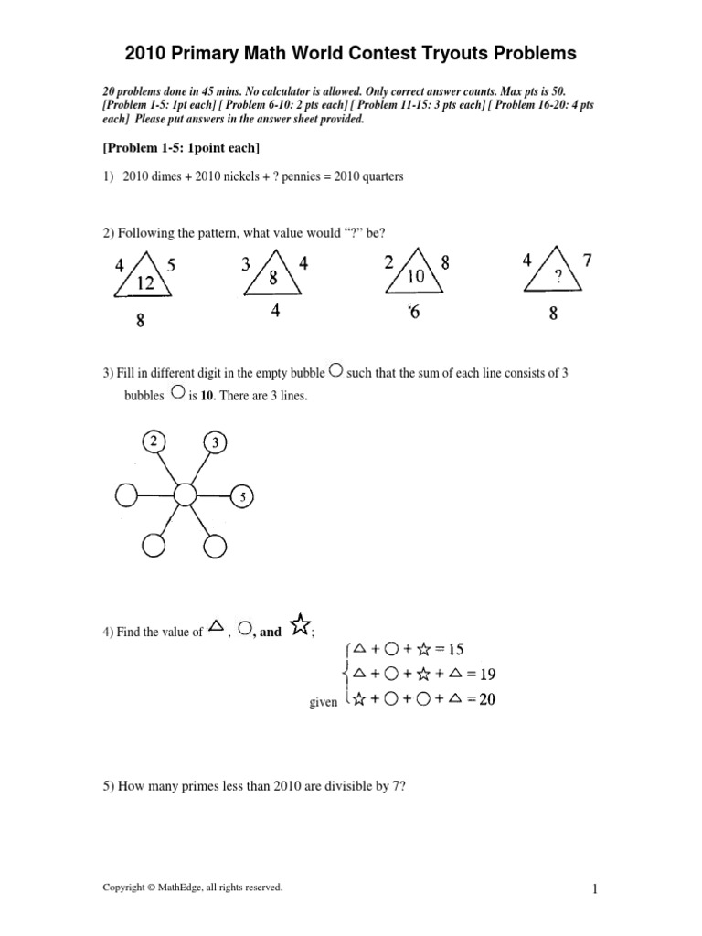 2010 PMWC Tryouts Problems | PDF | Discrete Mathematics | Mathematical ...