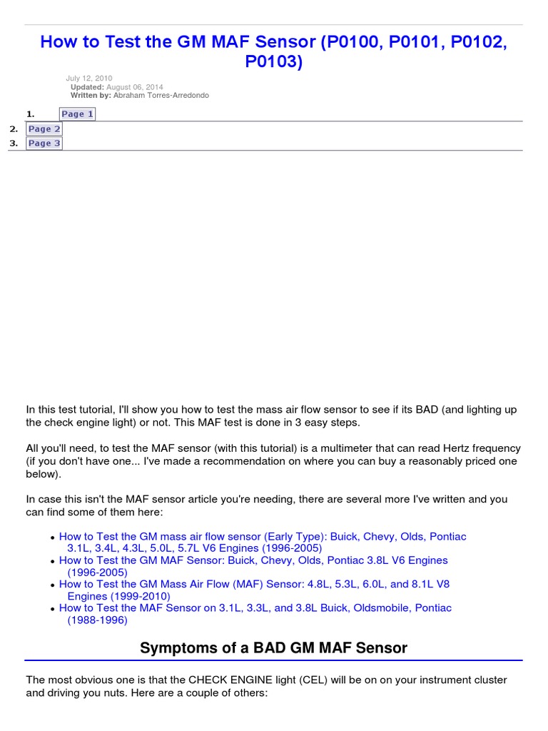 Testing GM MAF Sensor: P0101, P0102 Guide | PDF | Electrical Connector ...