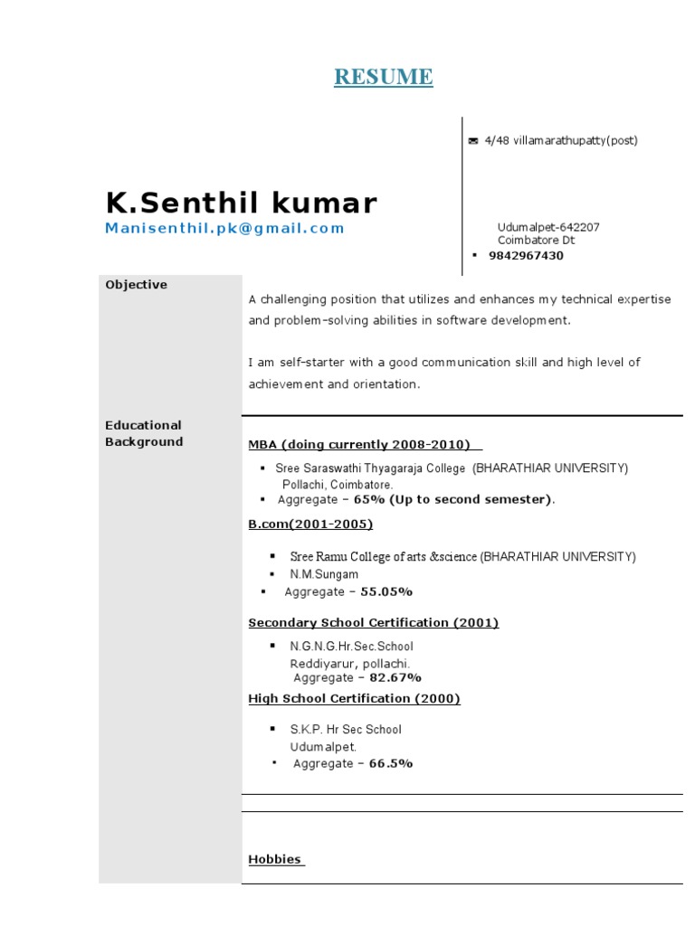 Resume of K. Senthil Kumar | PDF