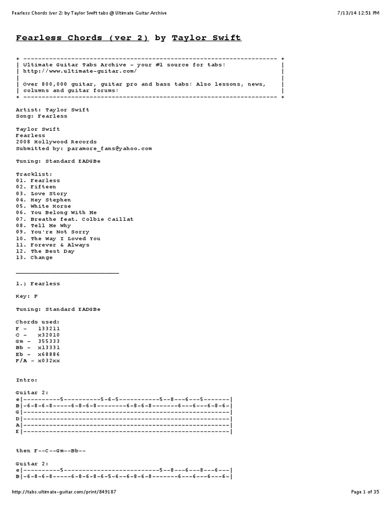 Fearless Chords (Ver 2) by Taylor Swift Tabs at Ultimate Guitar Archive ...