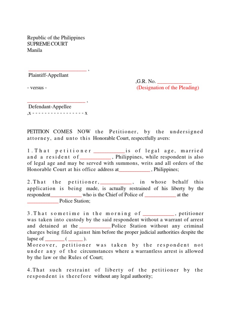 Sample Petition for Writ of Habeas Corpus | Habeas Corpus | Writ