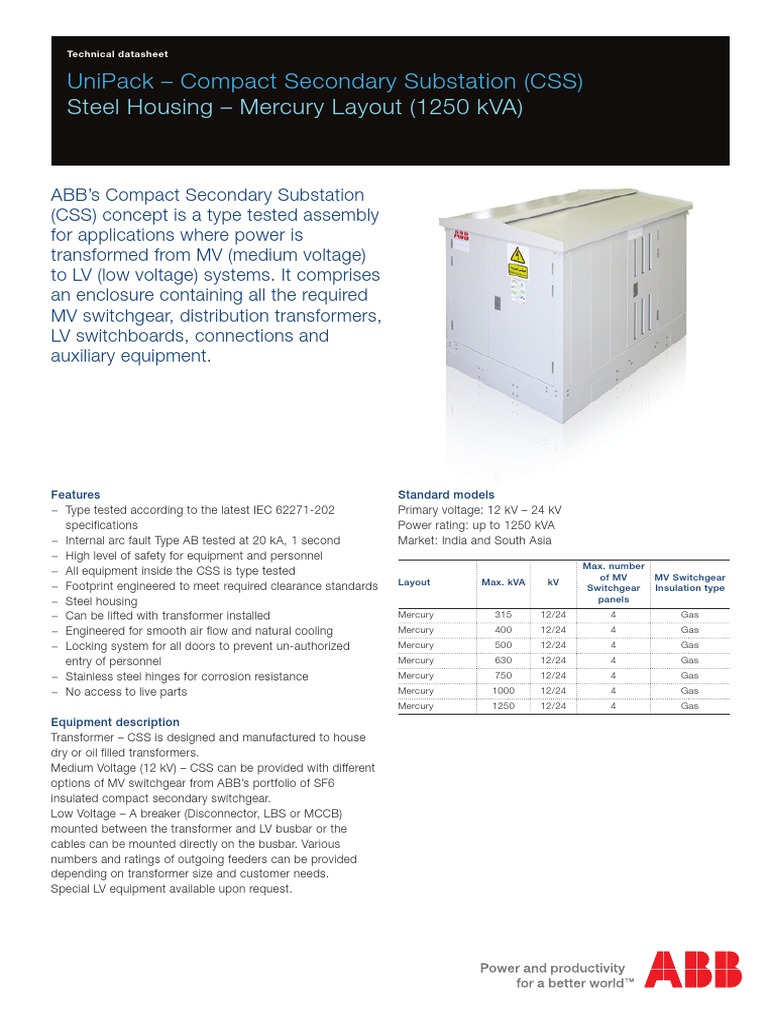Abb Unipack Datasheet Mercury 1250kva | Electrical Substation | Transformer