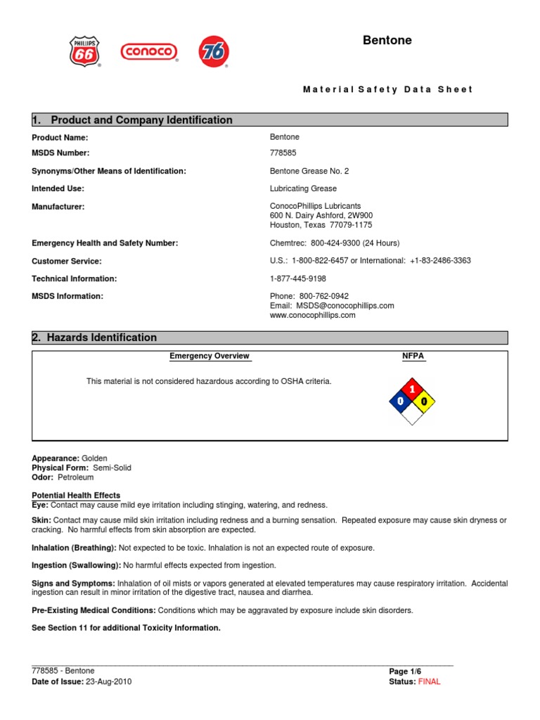 Conoco Bentone Grease MSDS | PDF | Hazardous Waste | Combustion