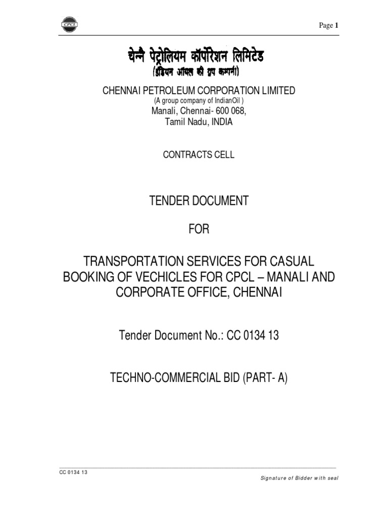Transportation Services for Casual Booking of Vehicles for CPCL ...