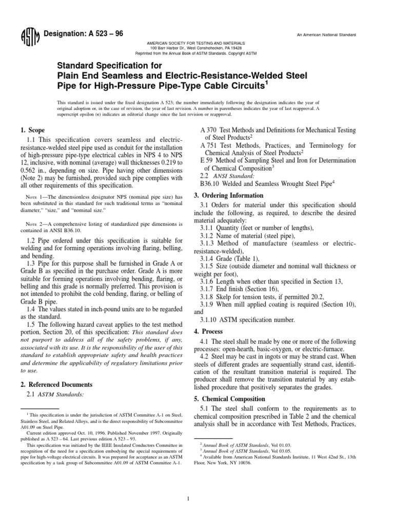 ASTM A 523 Standard for Steel Pipe | PDF
