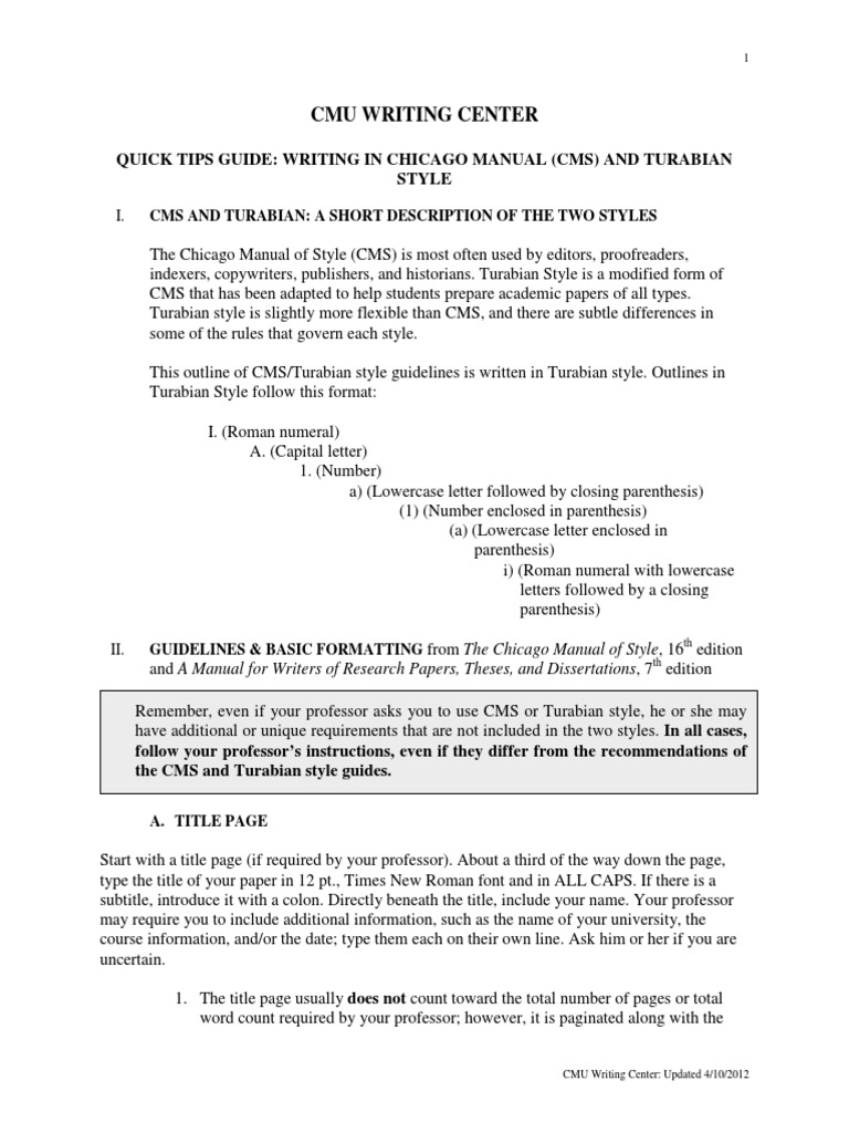 Cmu Writing Center: Quick Tips Guide: Writing in Chicago Manual (CMS ...