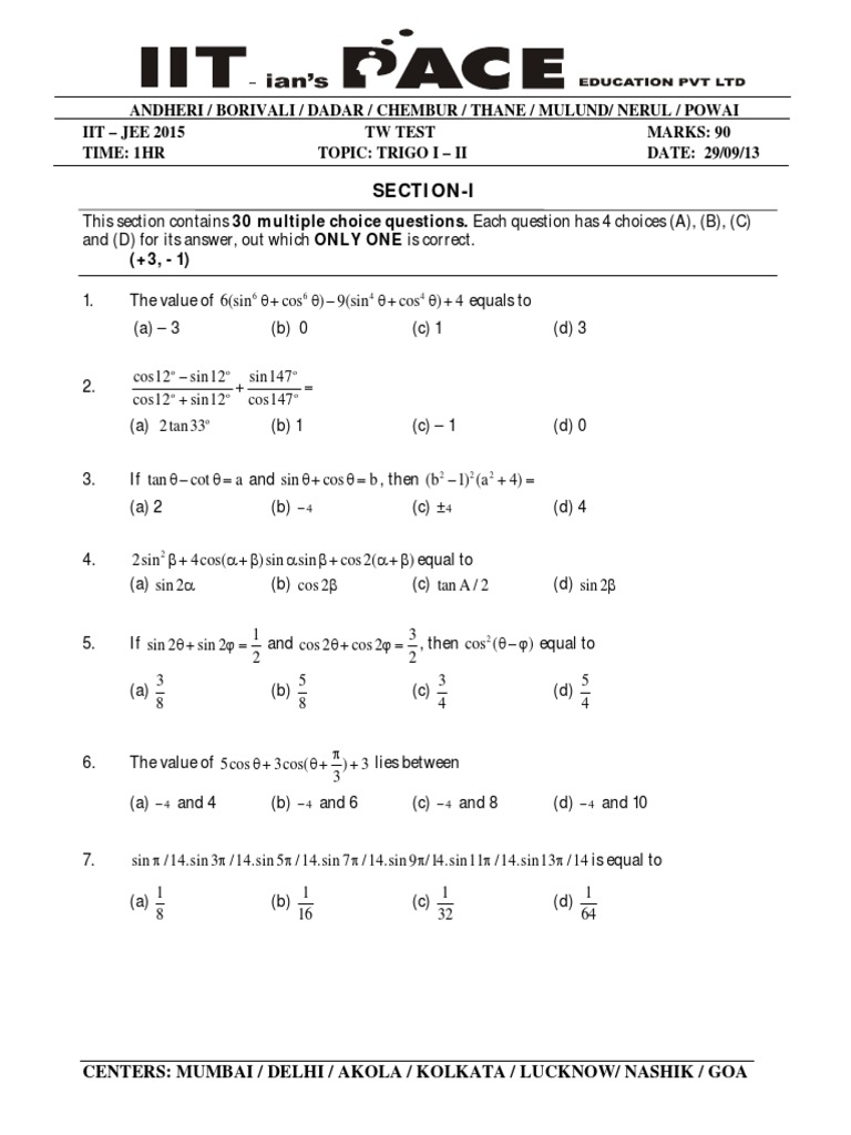 Trigo Question Paper | PDF | Trigonometric Functions | Mathematical ...