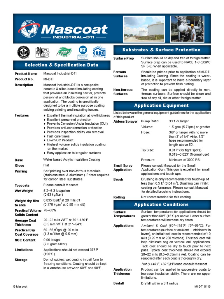 Mascoat - Thermal Insulation Coating 02-MI-DTI Spec Sheet 0113 | PDF ...
