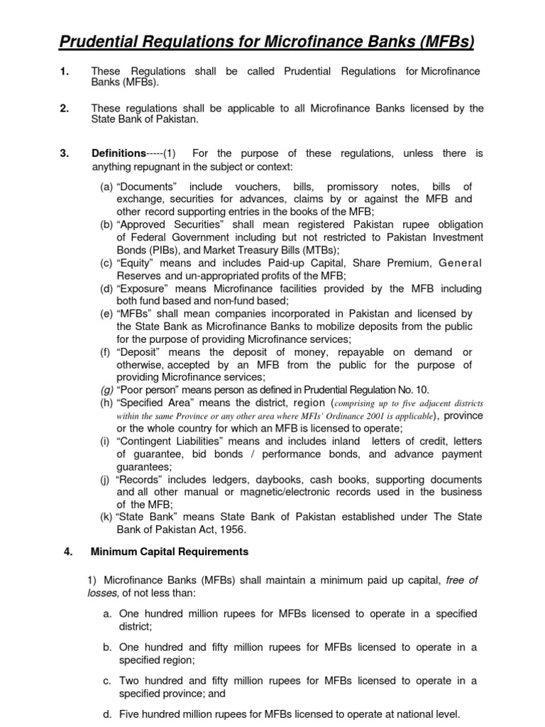 Prudential Regulations For Microfinance Banks (MFBS) | PDF | Capital Requirement | Capital ...