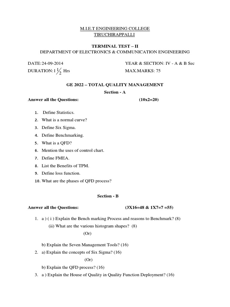 Total Quality Management Test Questions | PDF