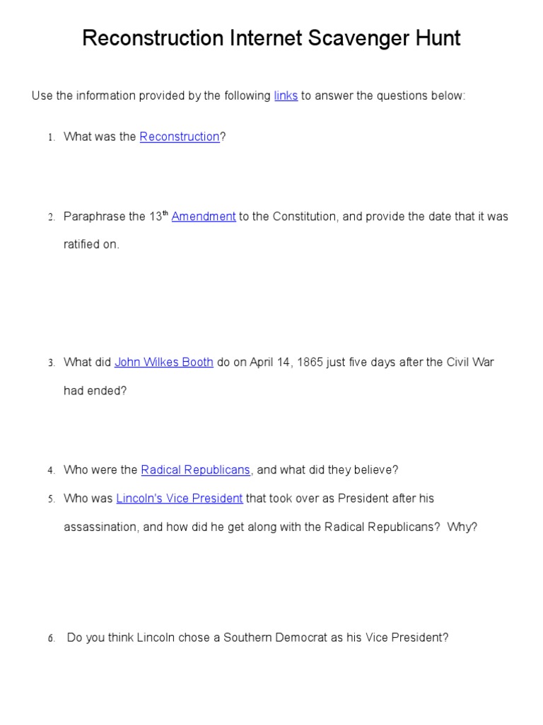 Reconstruction Internet Scavenger Hunt | PDF