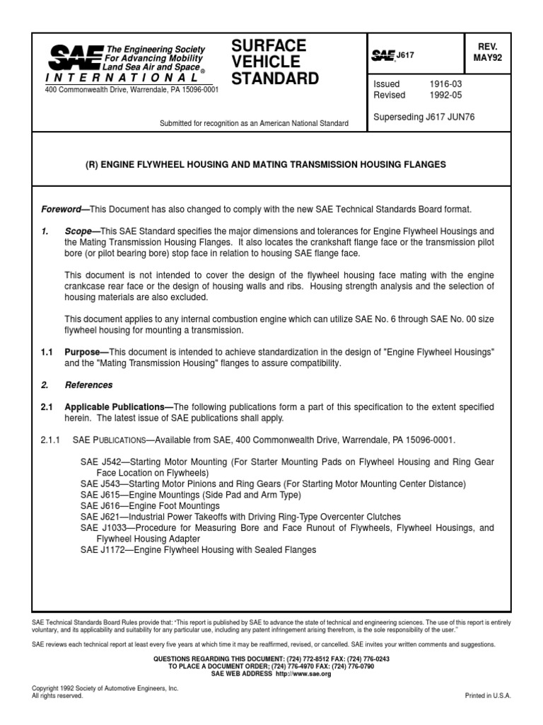 SAE J617-1992 Engine Flywheel Housing and Mating Transmission Housing ...