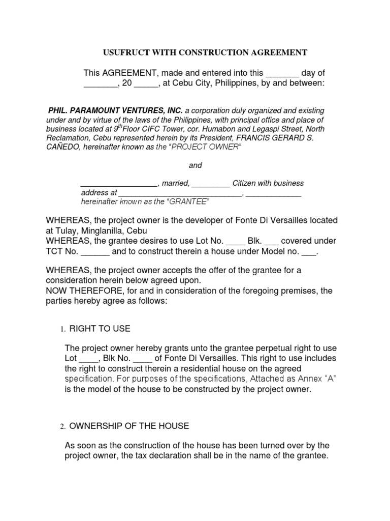 Usufruct With Construction Agreement | Deed | Property