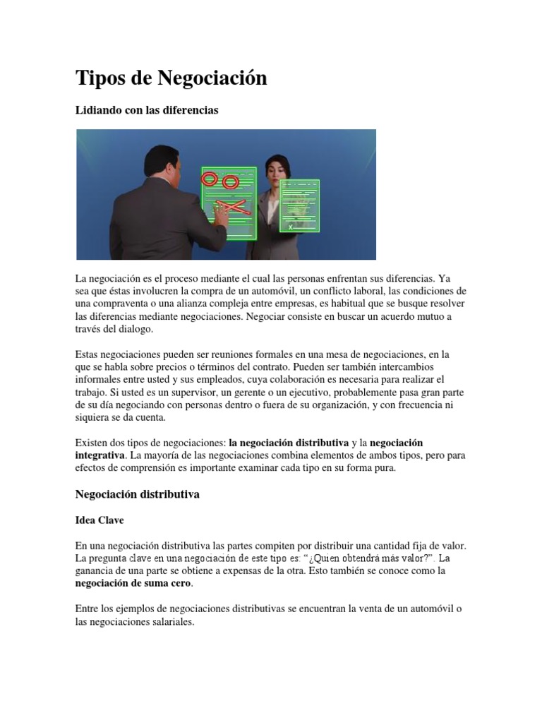 Tipos de Negociación: Distributiva e Integrativa | PDF | Negociación ...
